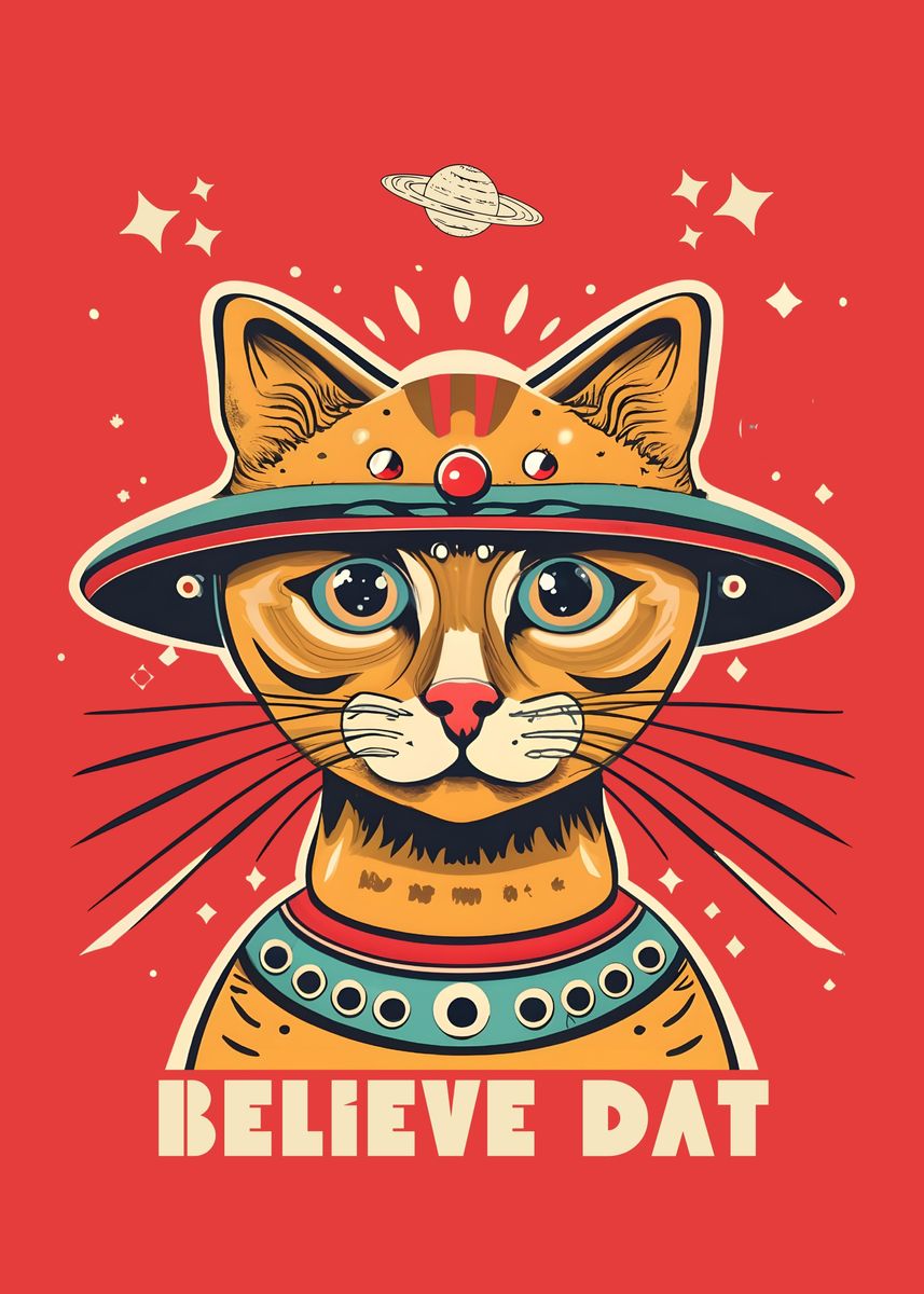 'Alien Cat UFO Believe Dat' Poster, picture, metal print, paint by Wyld ...