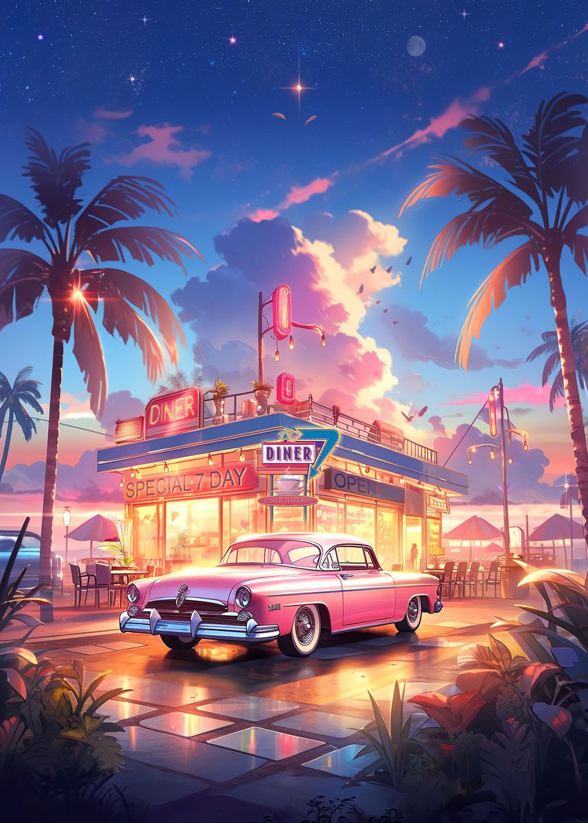 '80s Diner Delight ' Poster, picture, metal print, paint by Bruno ...