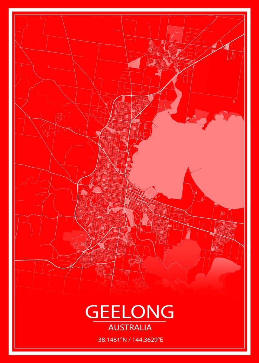 'Geelong Red White City Map' Poster by Wall Art Physical | Displate