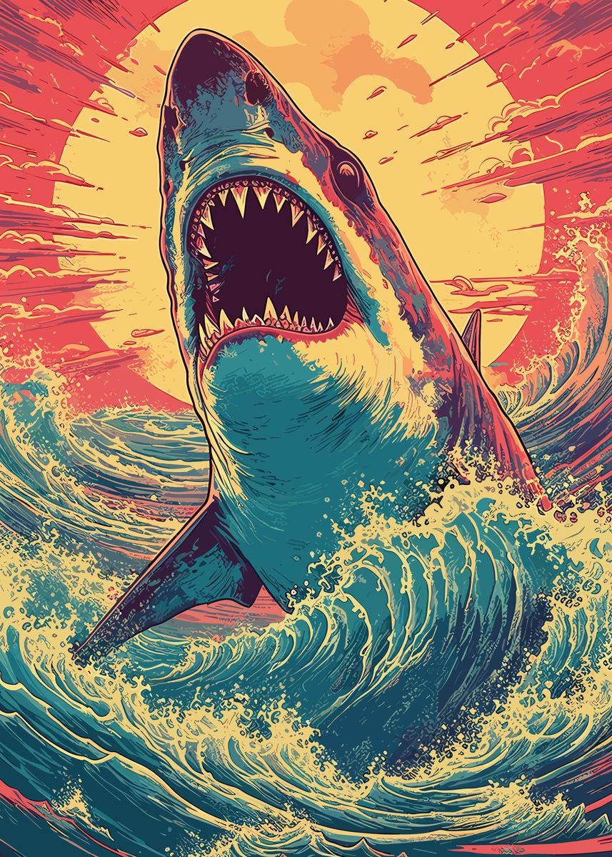 'Shark Japan Great wave' Poster, picture, metal print, paint by ...