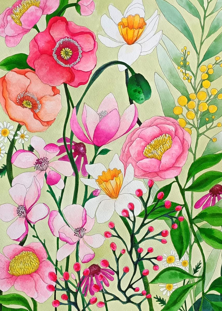 'flower garden illustration' Poster, picture, metal print, paint by ...