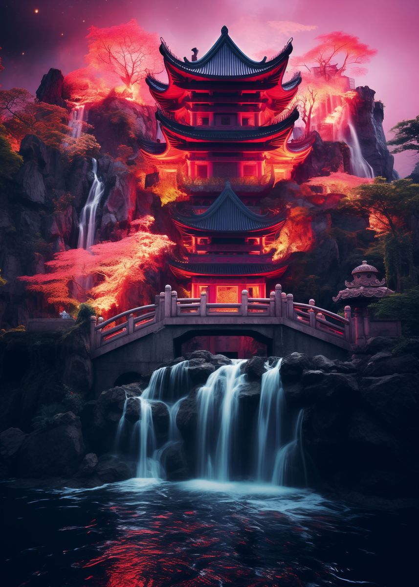 'Japanese Temple Waterfall' Poster, picture, metal print, paint by Zenz ...