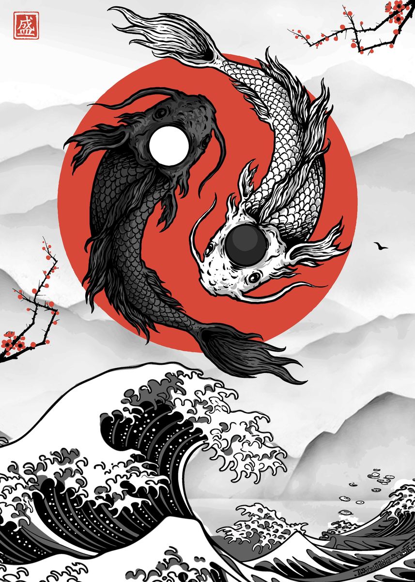 'Koi Fish Yin Yang Wave' Poster, picture, metal print, paint by Yusef ...