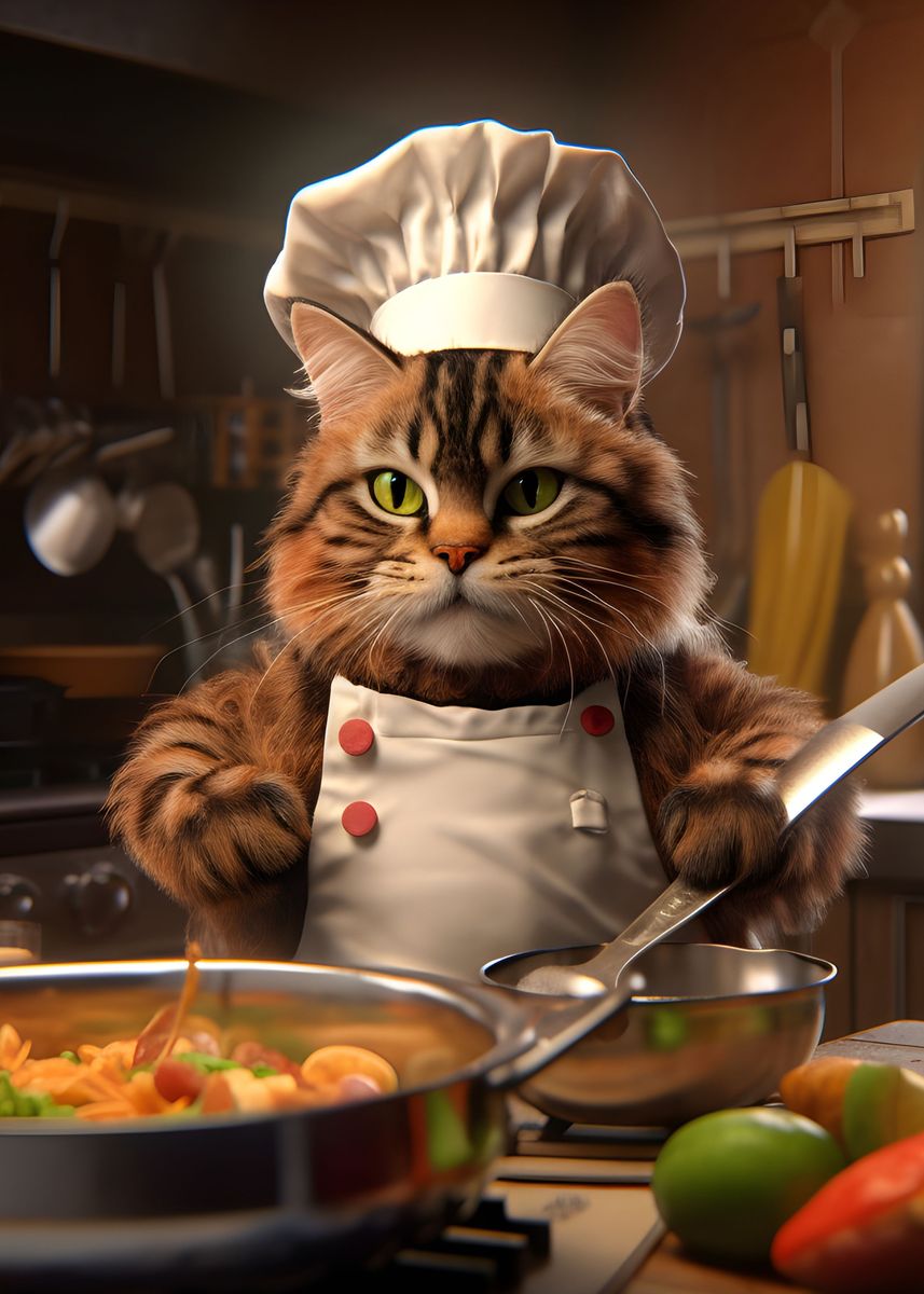 'Cat Chef' Poster, picture, metal print, paint by Tom Cage | Displate