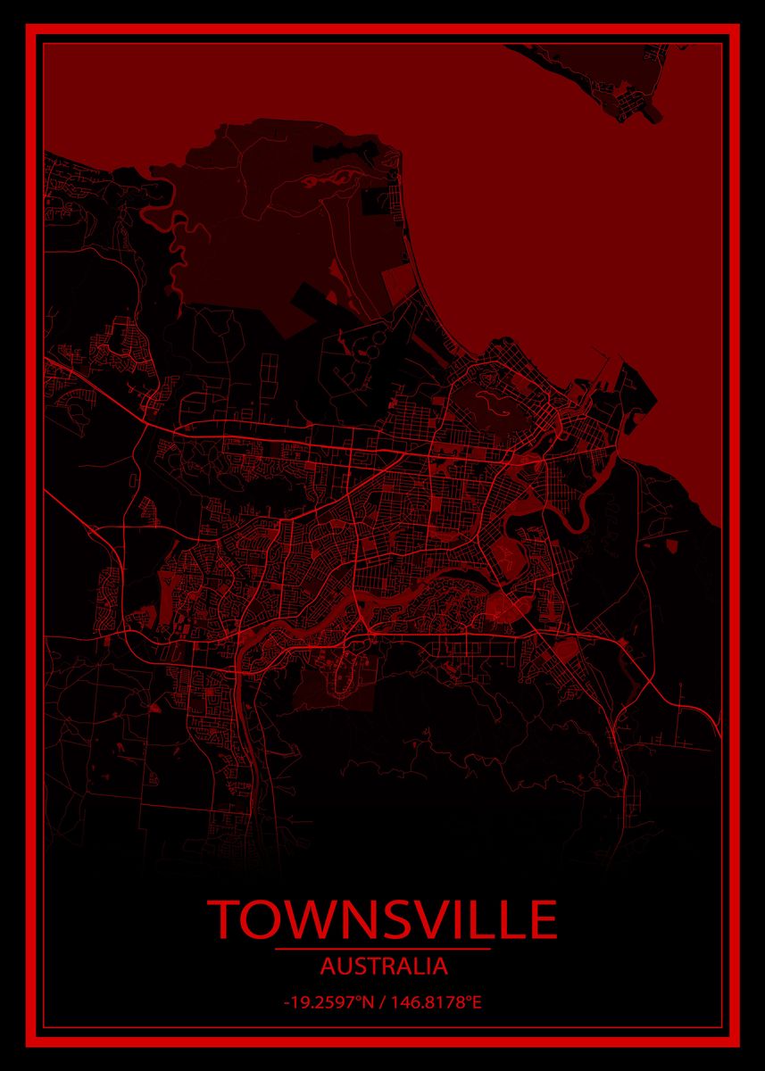 'Townsville Red Black Map' Poster, picture, metal print, paint by Wall ...