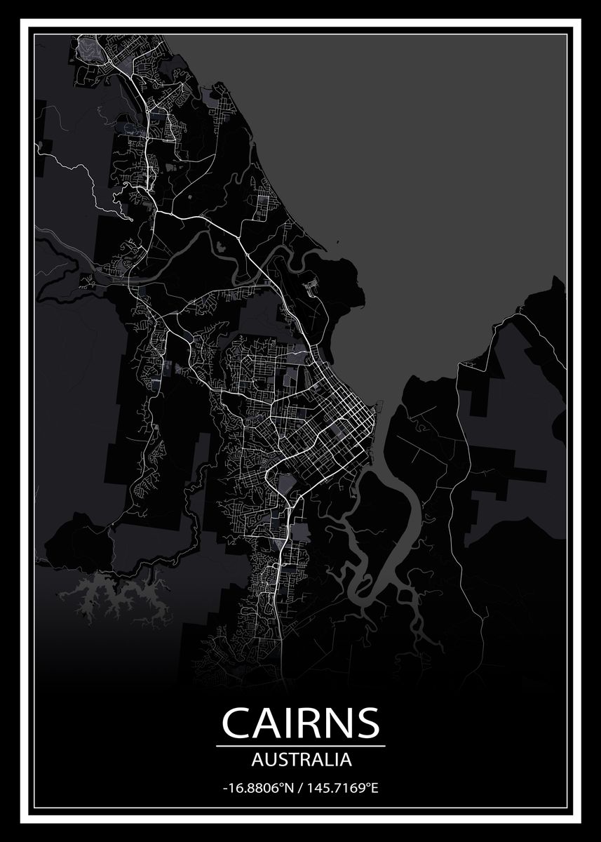 'Cairns Australia Black Map' Poster, picture, metal print, paint by ...