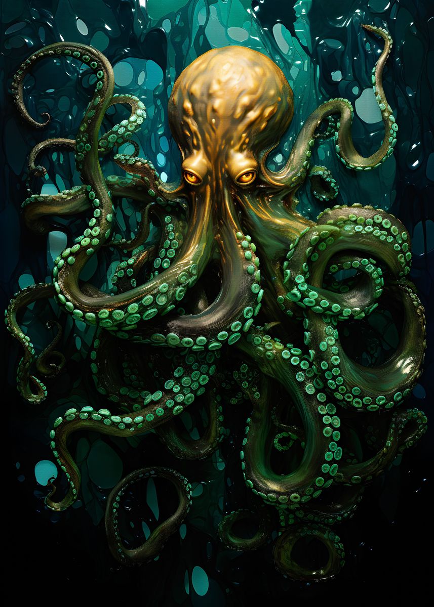 'Gold Green octopus' Poster, picture, metal print, paint by Dream ...