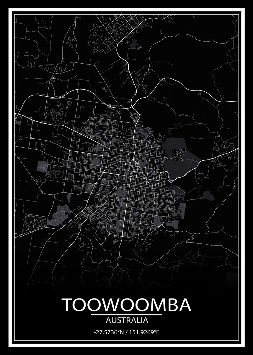 'Toowoomba Black City Map' Poster, picture, metal print, paint by Wall ...