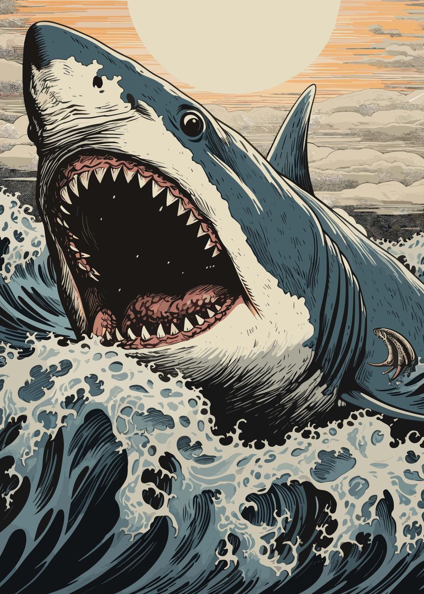 'Shark Japan Great wave' Poster, picture, metal print, paint by ...