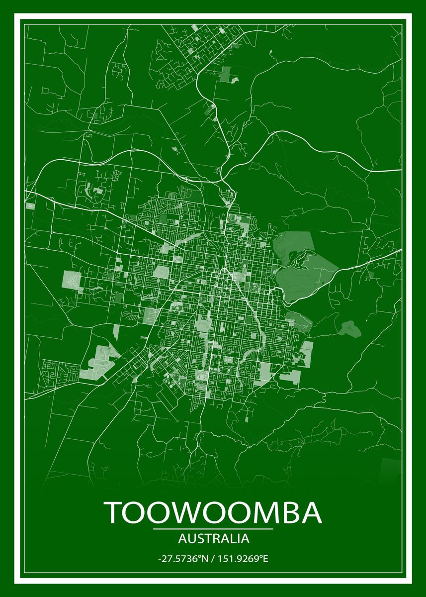 'Toowoomba Green White Map' Poster, picture, metal print, paint by Wall ...