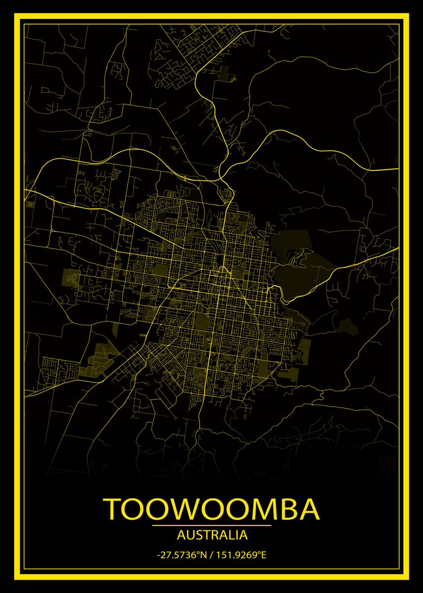 'Toowoomba Yellow Black Map' Poster, picture, metal print, paint by ...