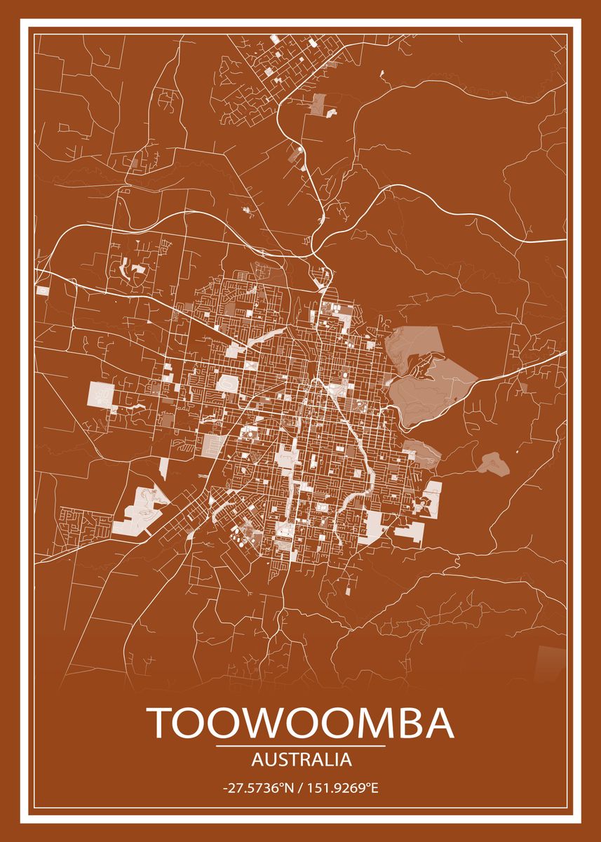 'Toowoomba Brown White Map' Poster, picture, metal print, paint by Wall ...
