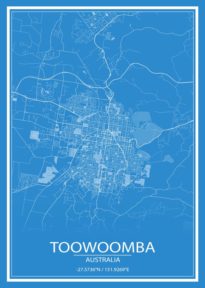 'Toowoomba Blue White Map' Poster, picture, metal print, paint by Wall ...