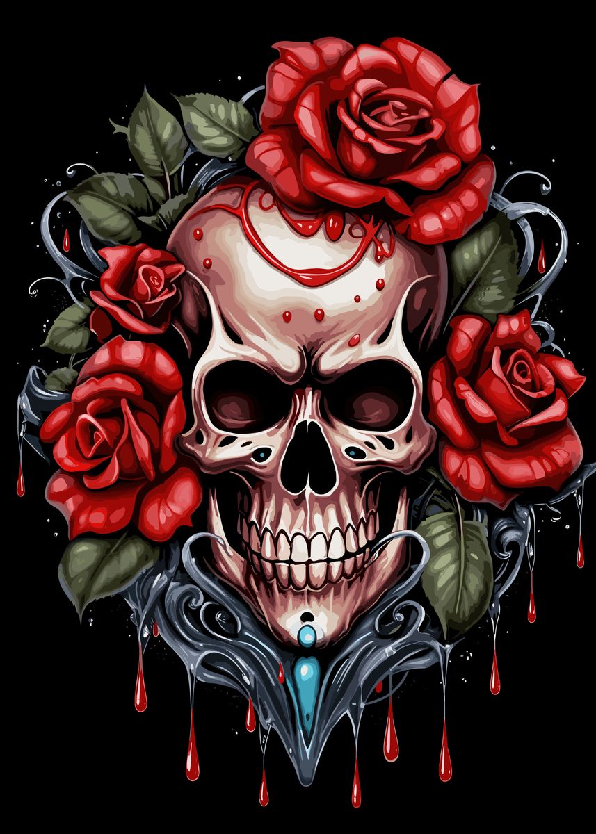 'skull with red roses' Poster, picture, metal print, paint by Constance ...