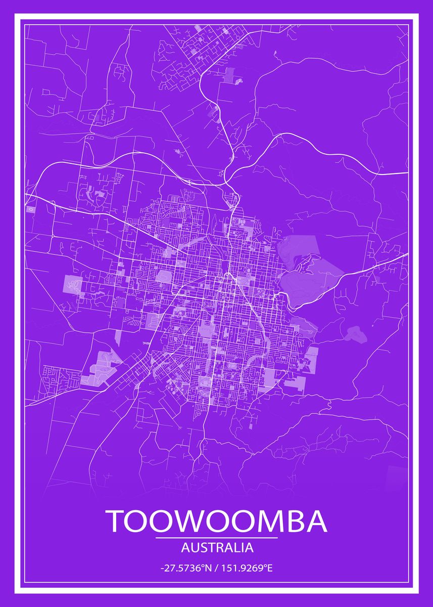'Toowoomba Purple White Map' Poster, picture, metal print, paint by ...