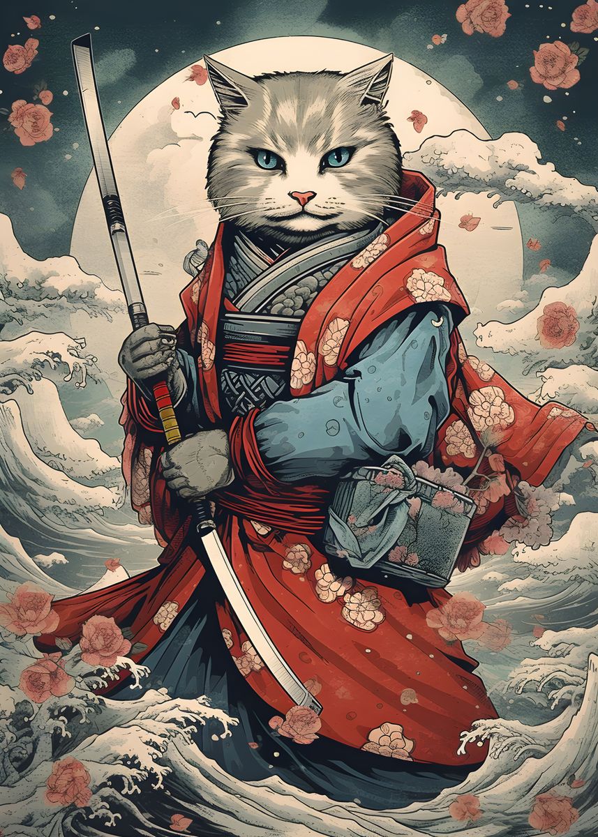 'Samurai Cat' Poster, picture, metal print, paint by Rogue Eli | Displate