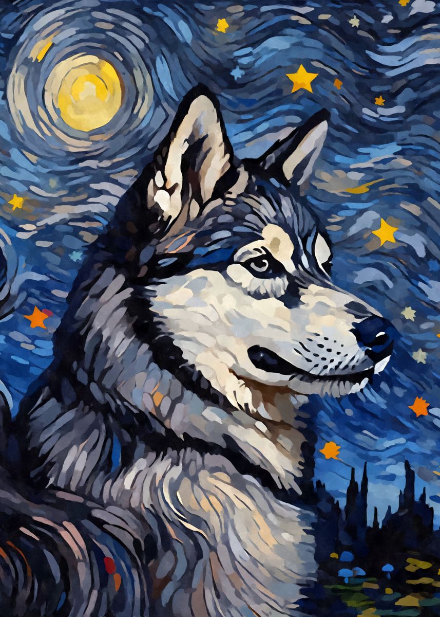 'Siberian Husky Night' Poster, picture, metal print, paint by Masaki ...