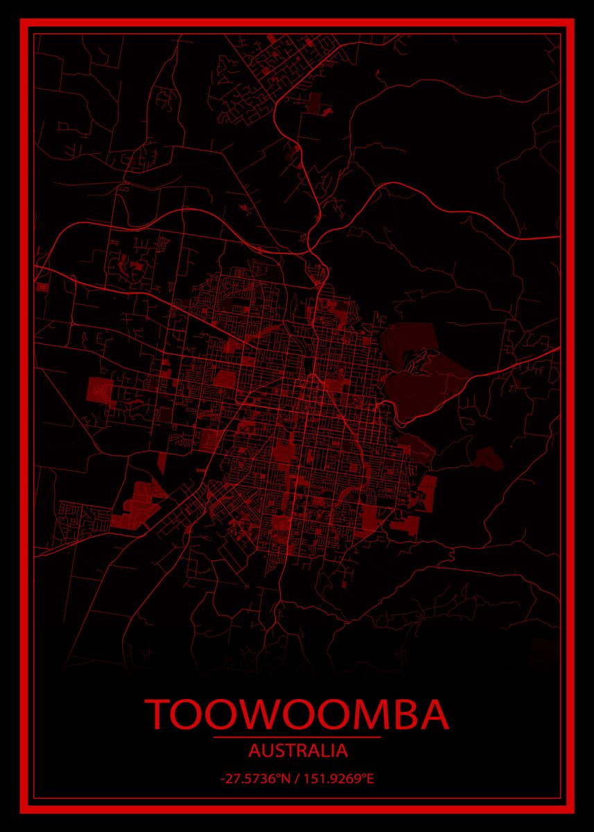 'Toowoomba Red Black Map' Poster, picture, metal print, paint by Wall ...