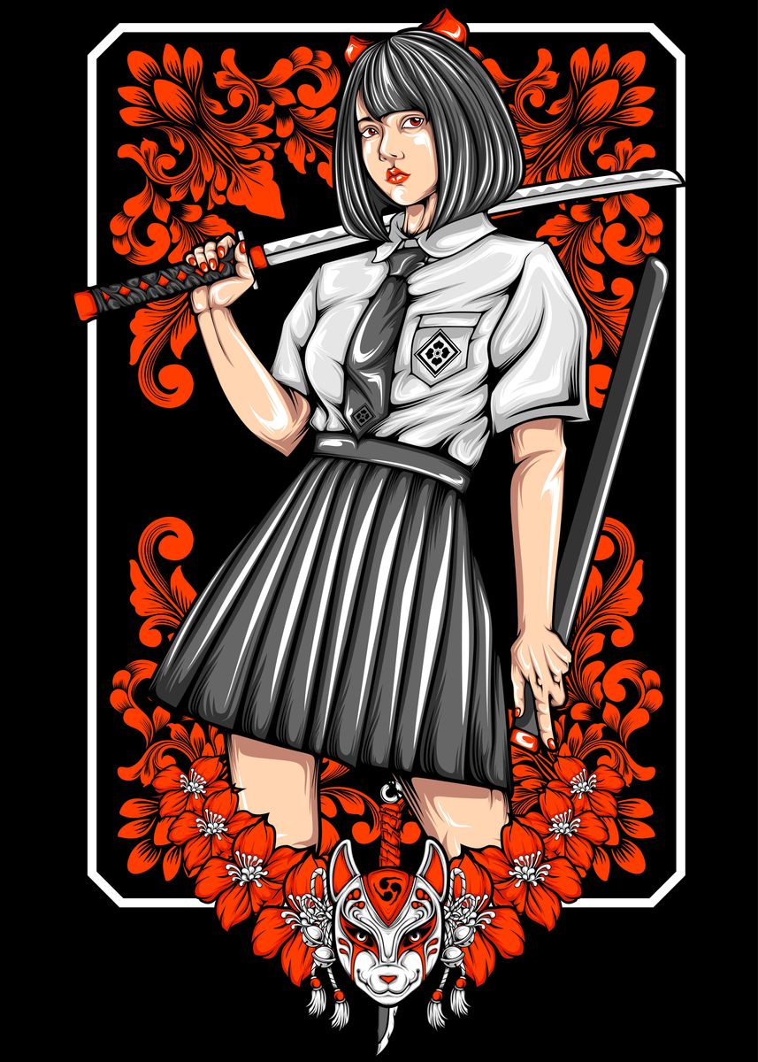 'samurai school girl' Poster, picture, metal print, paint by YELLOW ...