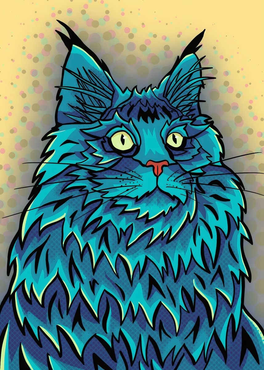 'Blue yellow vibrant cat' Poster, picture, metal print, paint by Sarah ...