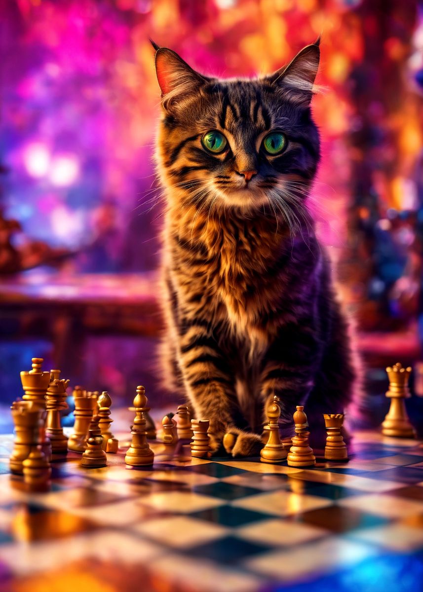 'Funny Cat Playing Chess' Poster, picture, metal print, paint by ...