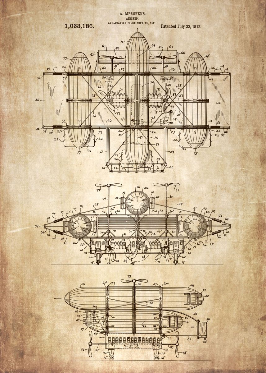 'Early airship 1912 patent' Poster, picture, metal print, paint by Van ...