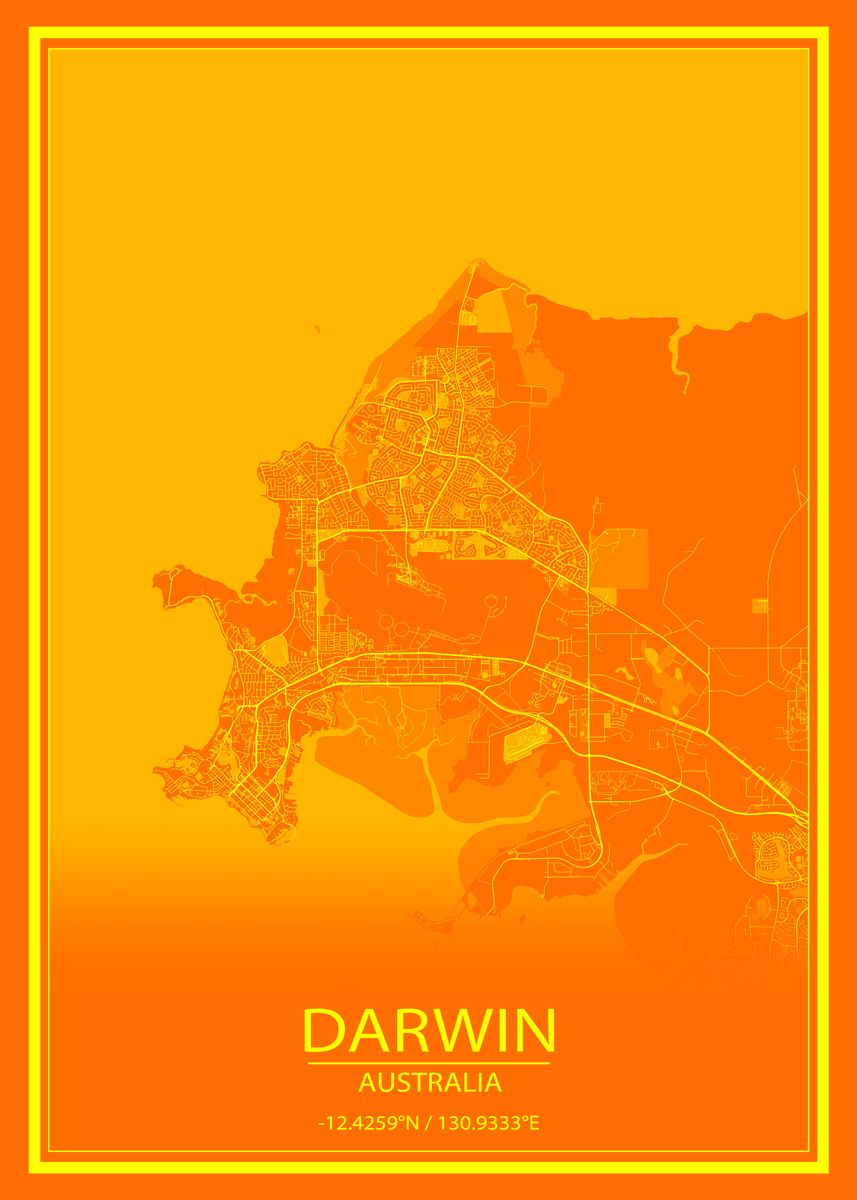 'Darwin AU Orange City Map' Poster, picture, metal print, paint by Wall ...