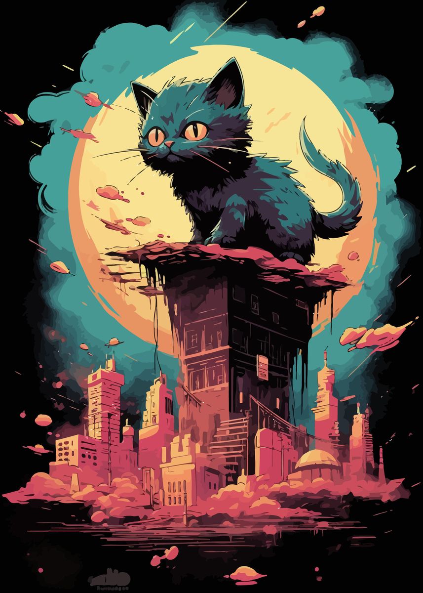 'Cat Attacks City' Poster, picture, metal print, paint by Tom Cage ...