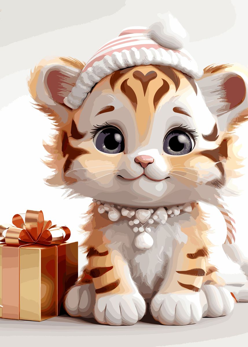 'tiger cute in Christmas' Poster, picture, metal print, paint by Mariano Mayert | Displate