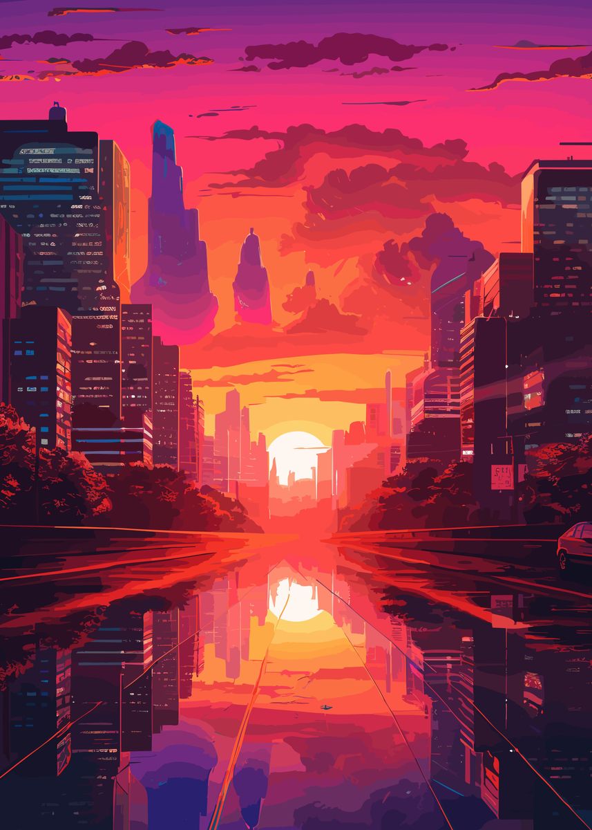 'Beautiful Cityscape Sunset' Poster, picture, metal print, paint by Efe ...