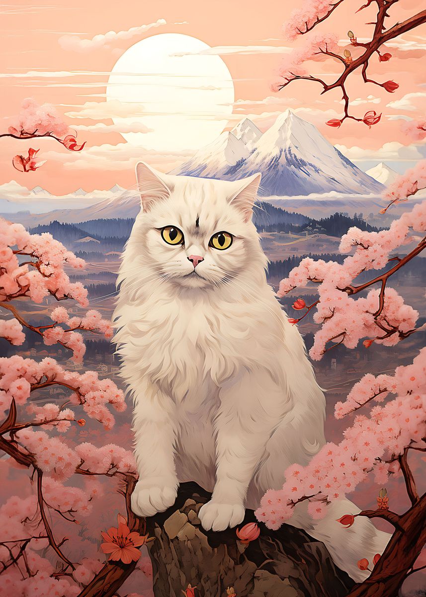 'Cat Japanese Landscape' Poster, picture, metal print, paint by Veraaaa ...
