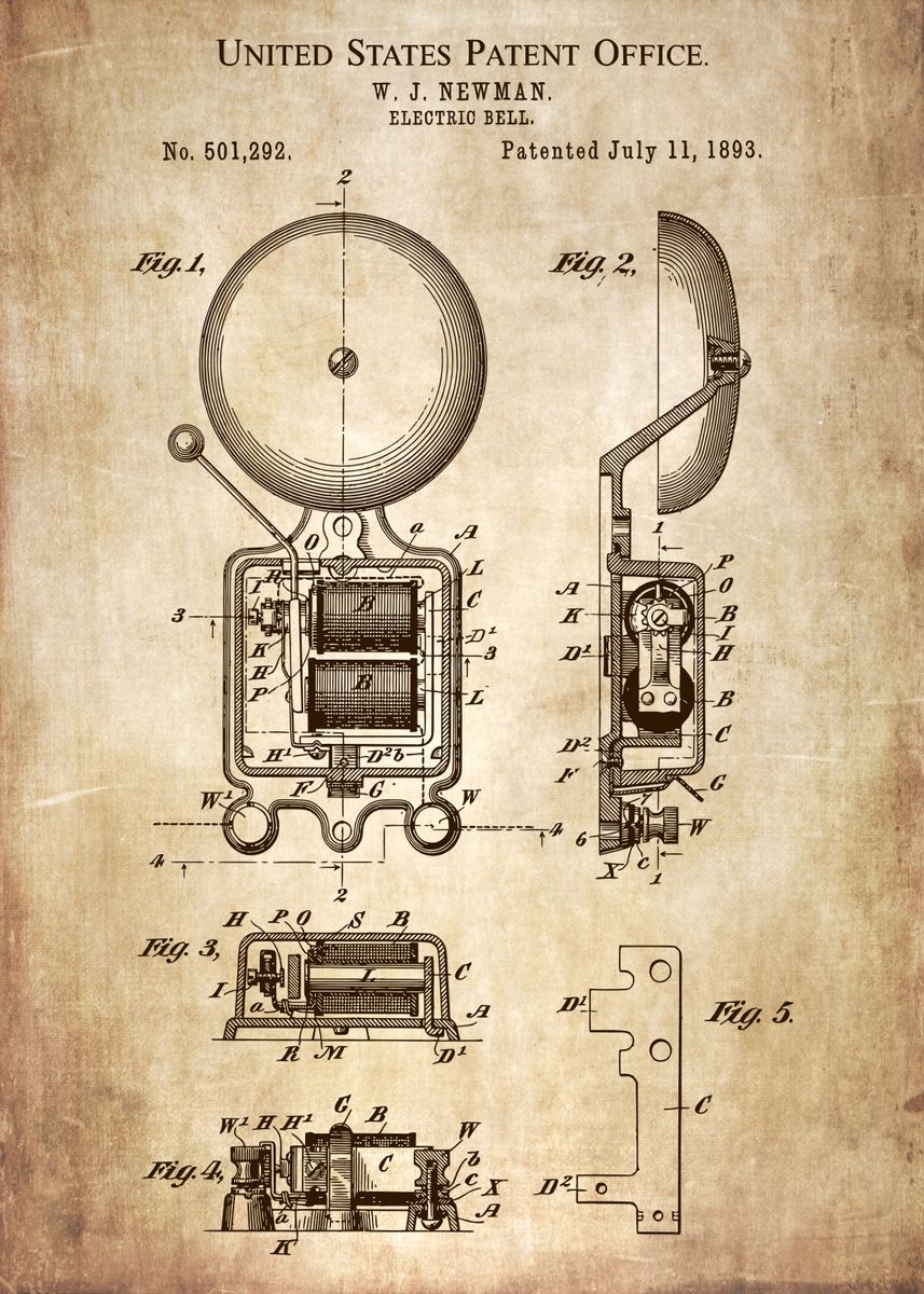 'Fire bell 1883 patent' Poster, picture, metal print, paint by Van Zelman | Displate