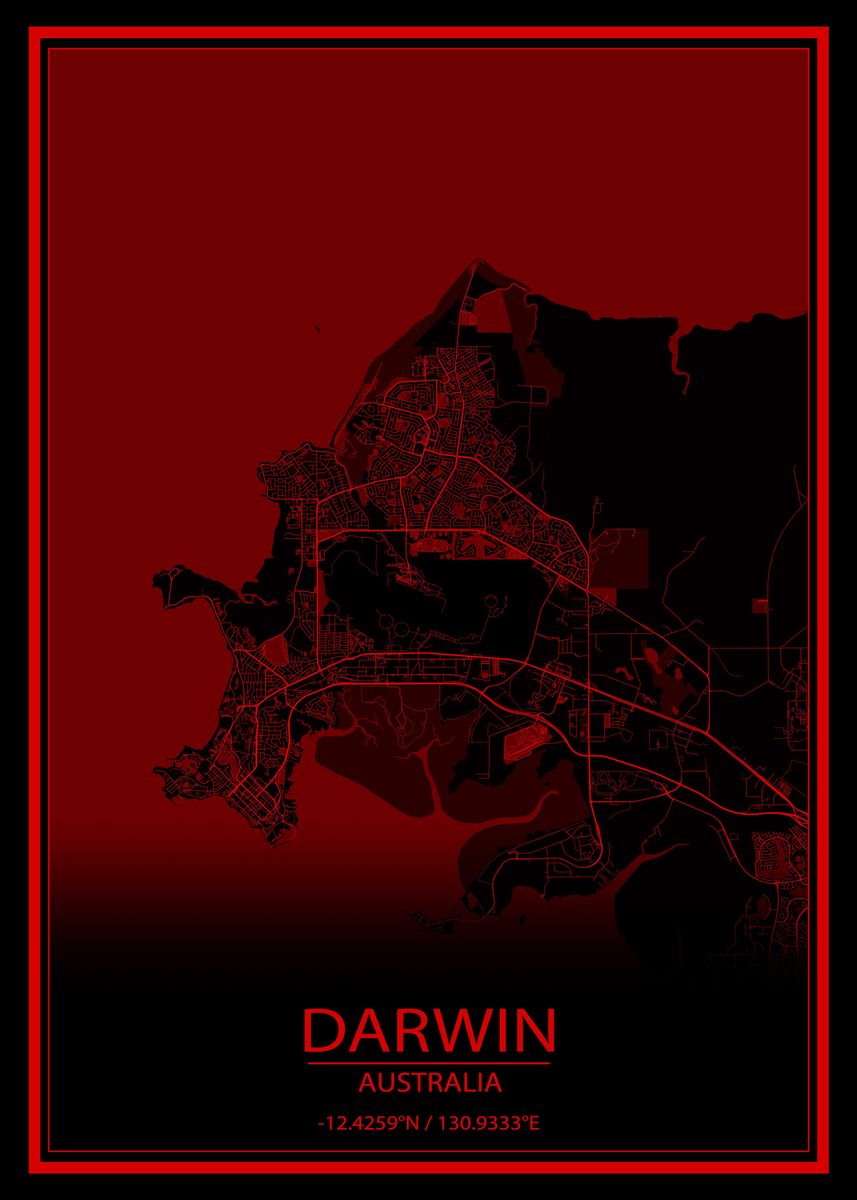 'Darwin Australia Red Map' Poster, picture, metal print, paint by Wall ...