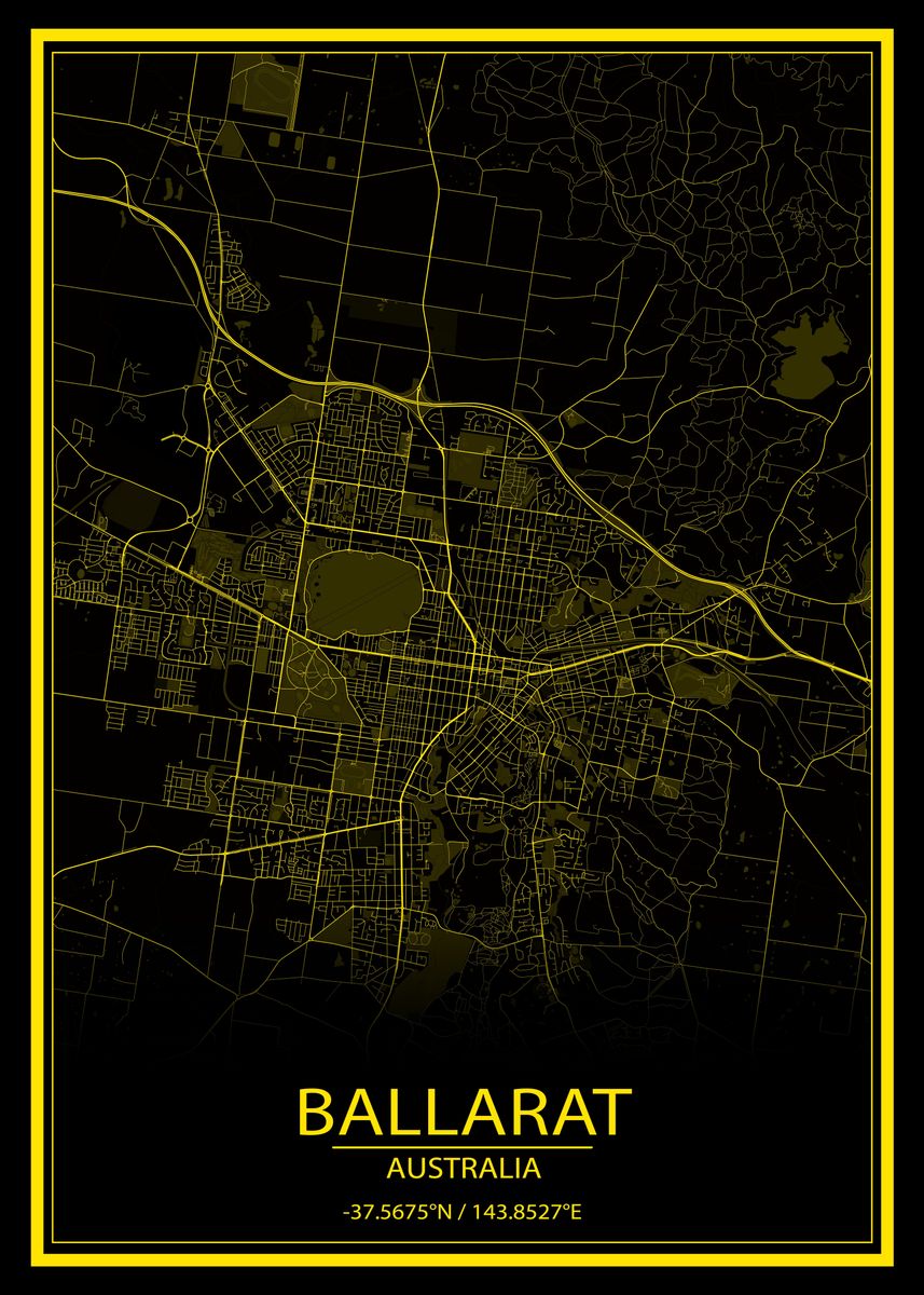 'Ballarat AU Yellow Map' Poster, picture, metal print, paint by Wall ...