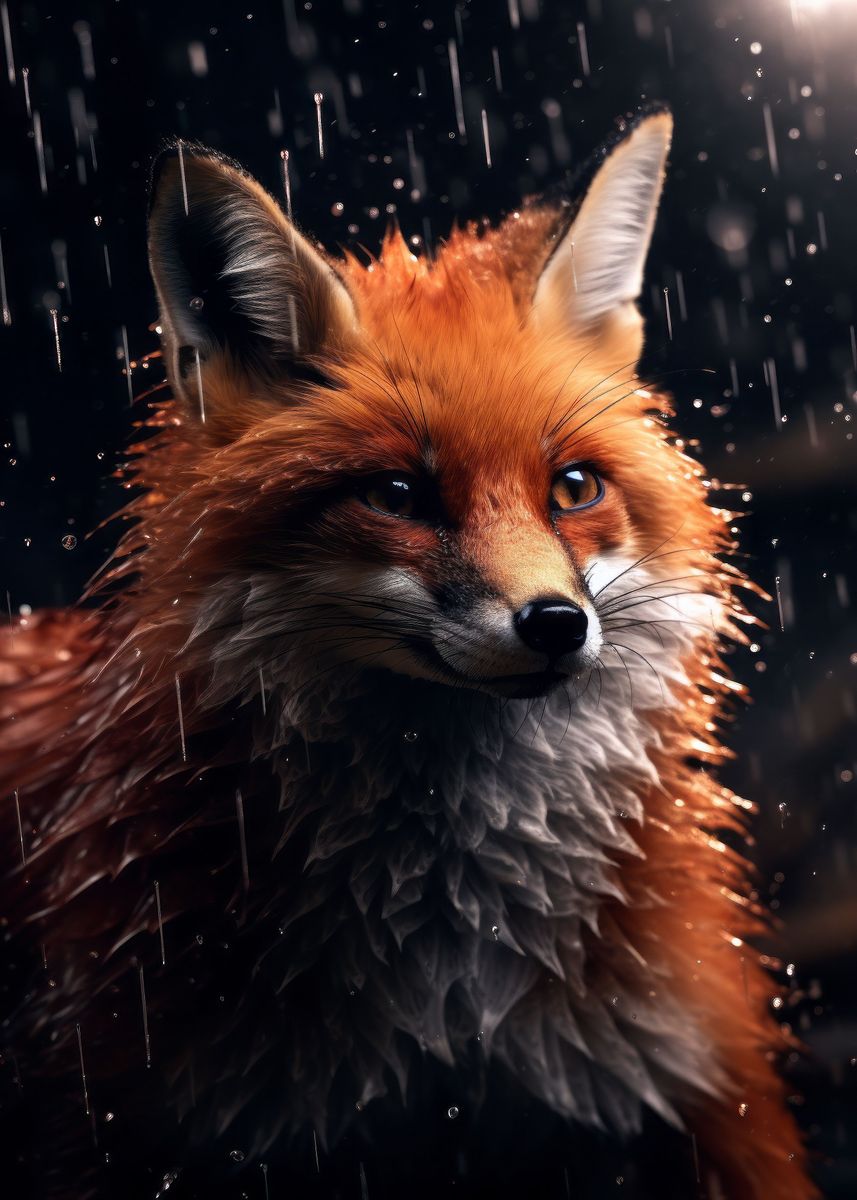 'Fox In Rain Realistic' Poster, picture, metal print, paint by Alisson ...