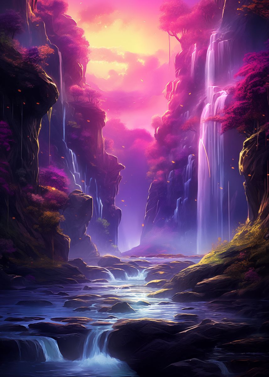 'Purple Fantasy Waterfall' Poster, picture, metal print, paint by Zenz ...