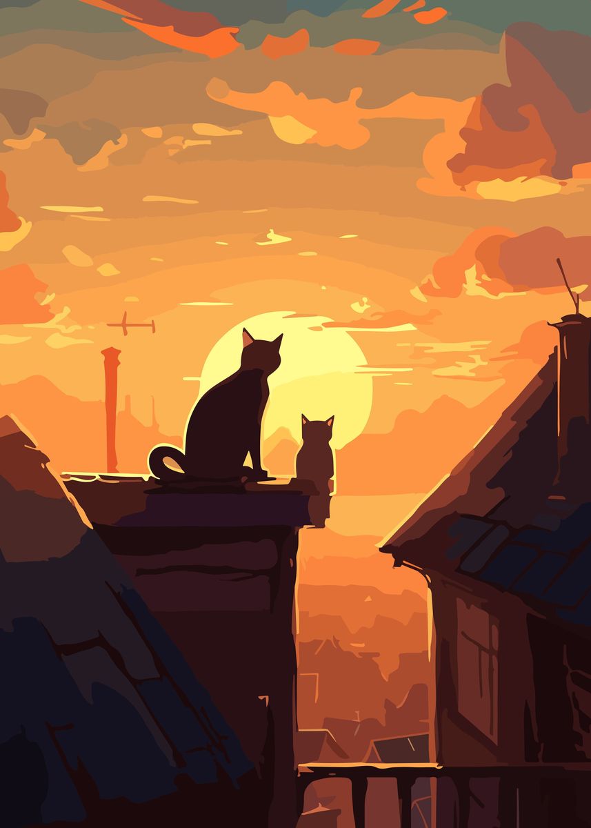 'cat couple sunset' Poster, picture, metal print, paint by londho ireng ...