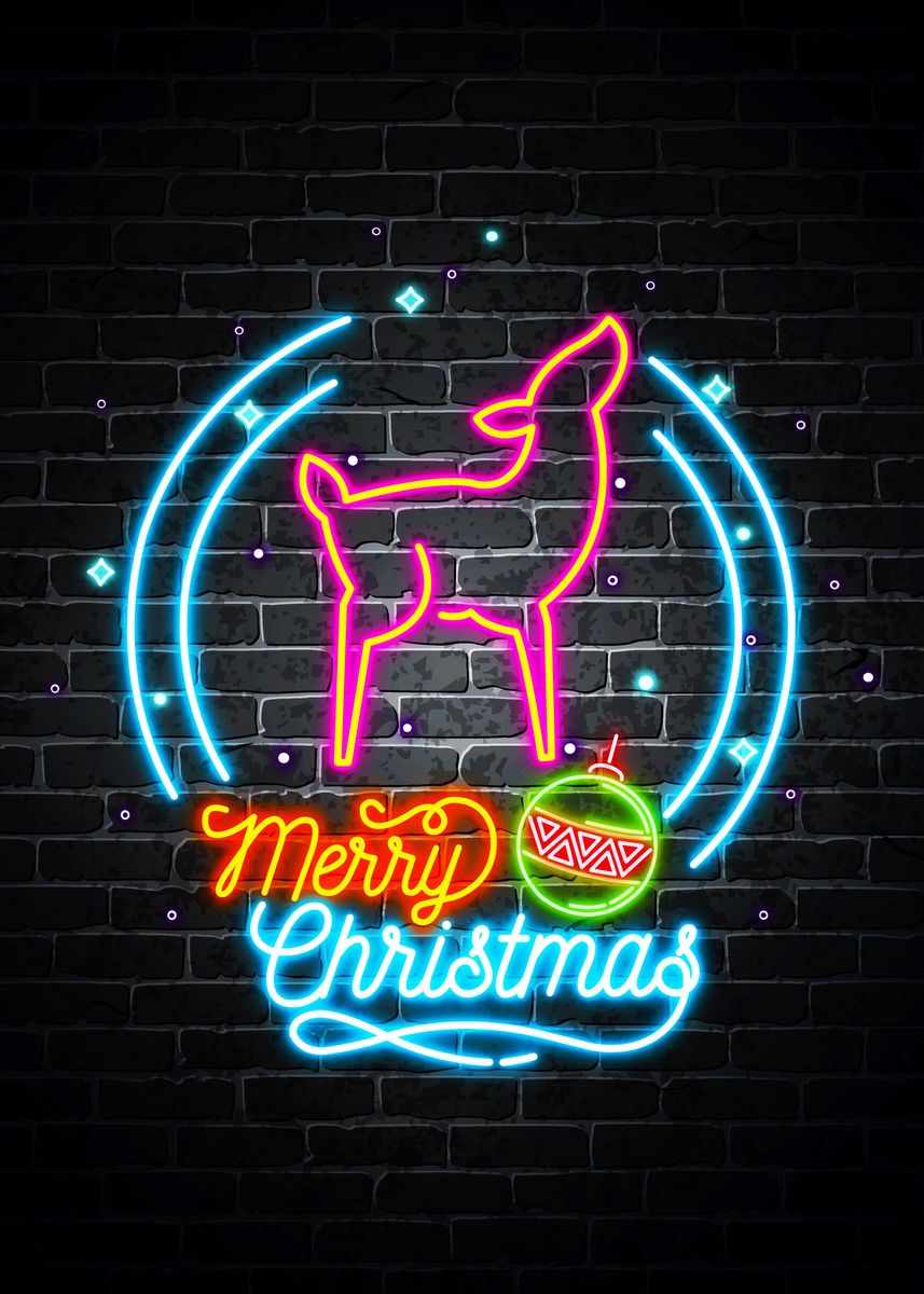 'Merry christmas neon light' Poster, picture, metal print, paint by ...
