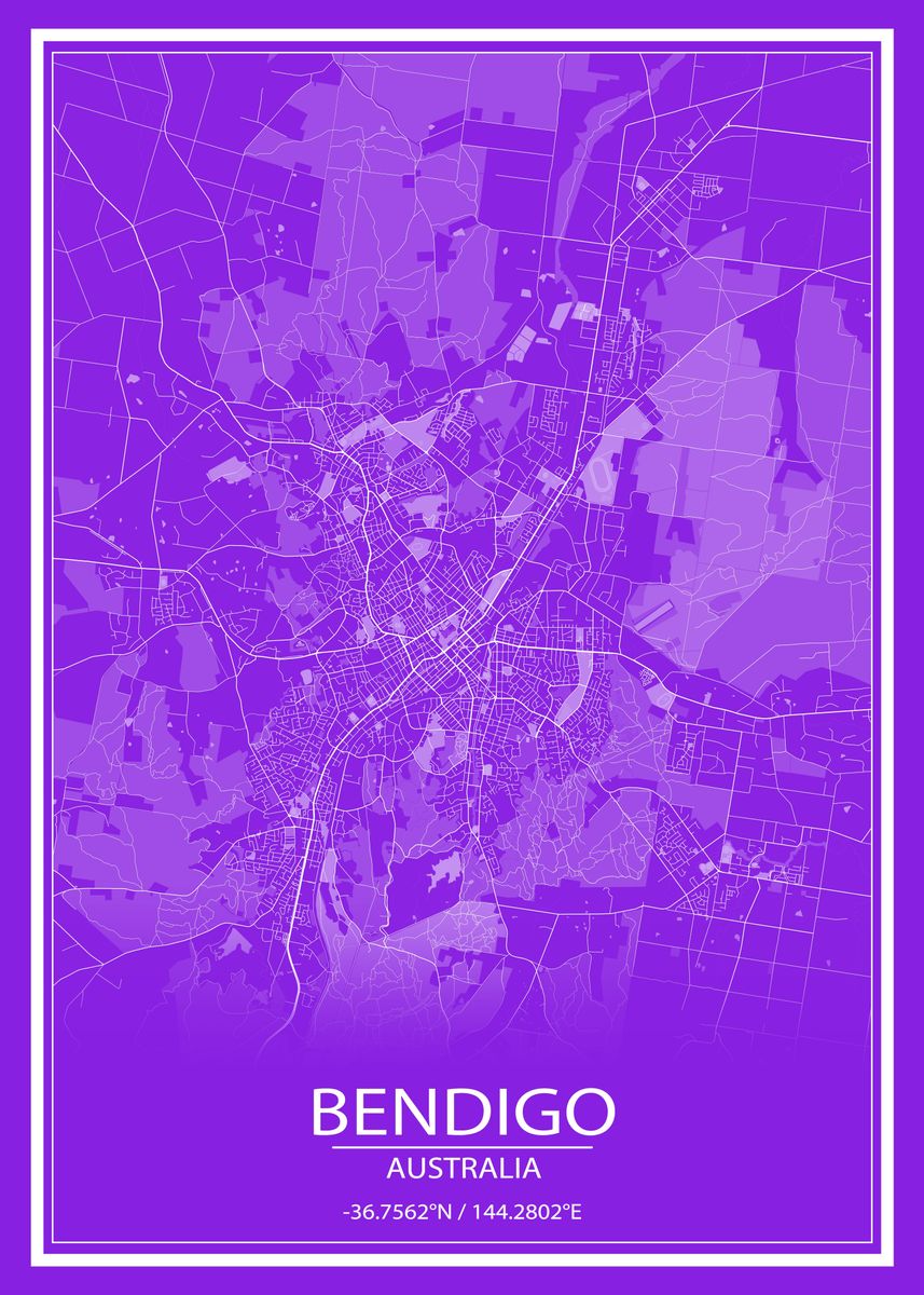 'Bendigo AU Purple City Map' Poster, picture, metal print, paint by ...