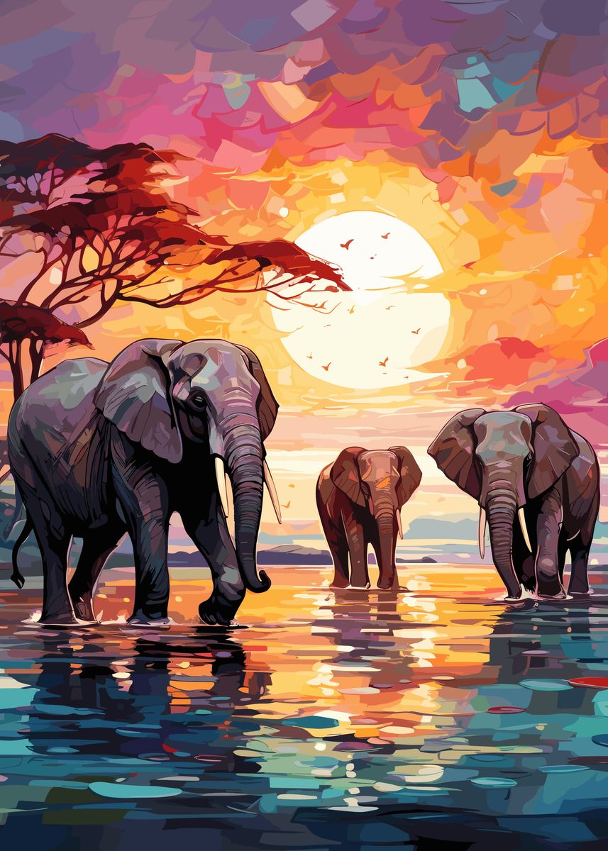'Elephants Africa Sunset' Poster, picture, metal print, paint by Ardyce ...