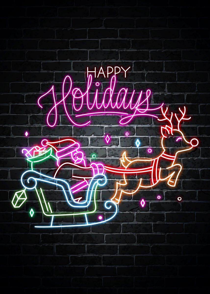 'Merry christmas neon light' Poster, picture, metal print, paint by ...