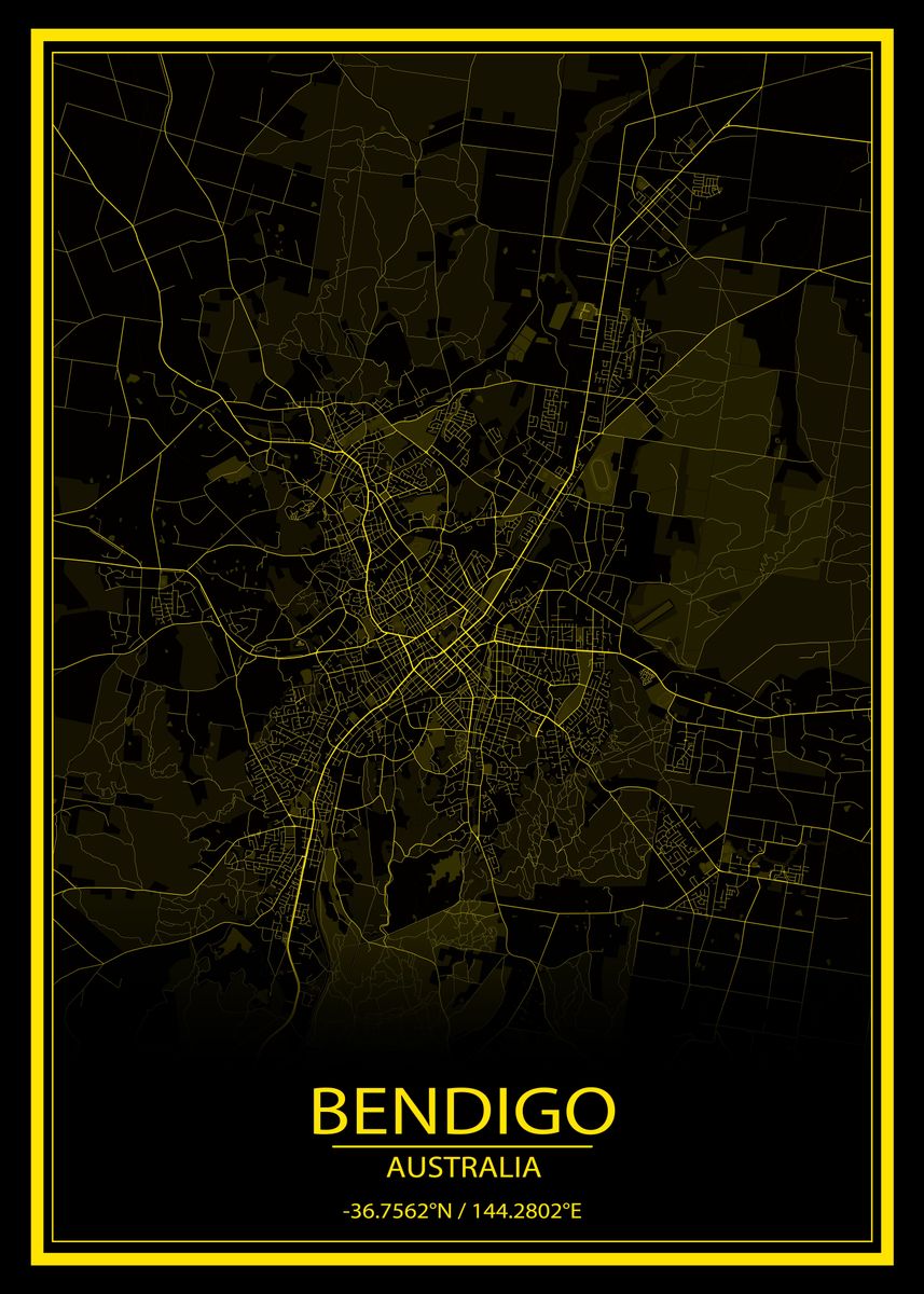 'Bendigo AU Yellow City Map' Poster, picture, metal print, paint by ...