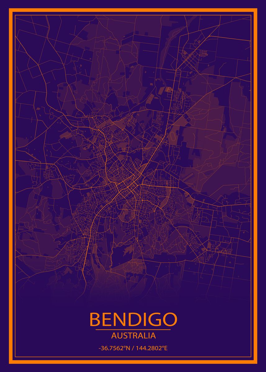 'Bendigo AU Purple City Map' Poster by Wall Art Physical | Displate