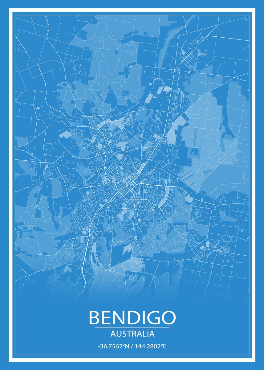 'Bendigo AUS Blue City Map' Poster, picture, metal print, paint by Wall ...