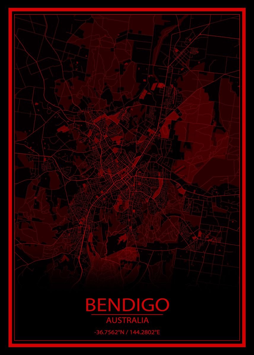 'Bendigo Australia Red Map' Poster, picture, metal print, paint by Wall ...