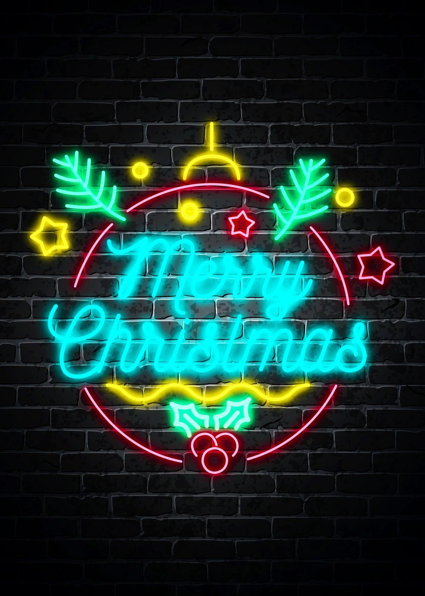 'Merry christmas neon light' Poster, picture, metal print, paint by ...