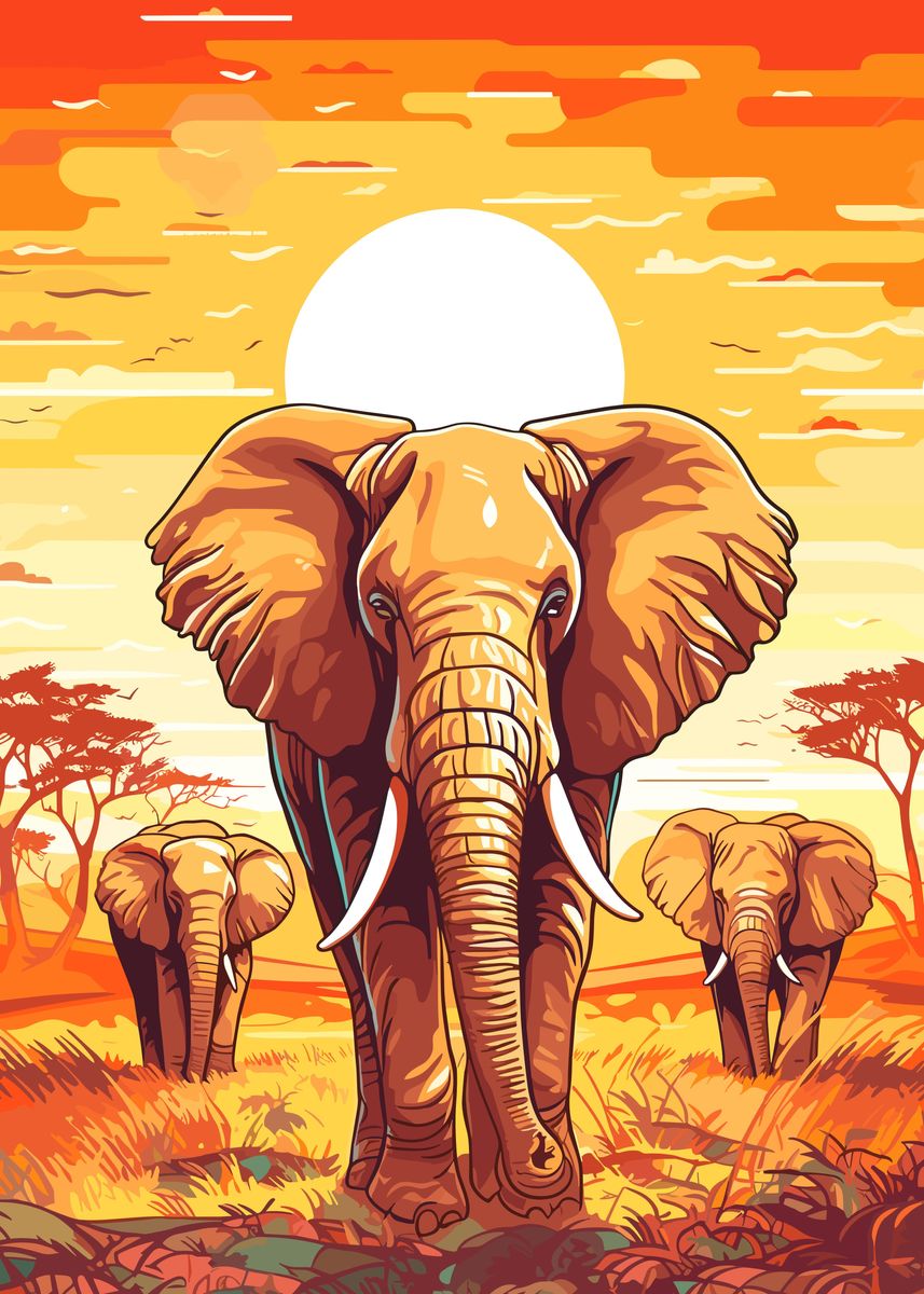 'Elephants Africa Sunset' Poster, picture, metal print, paint by Ardyce ...