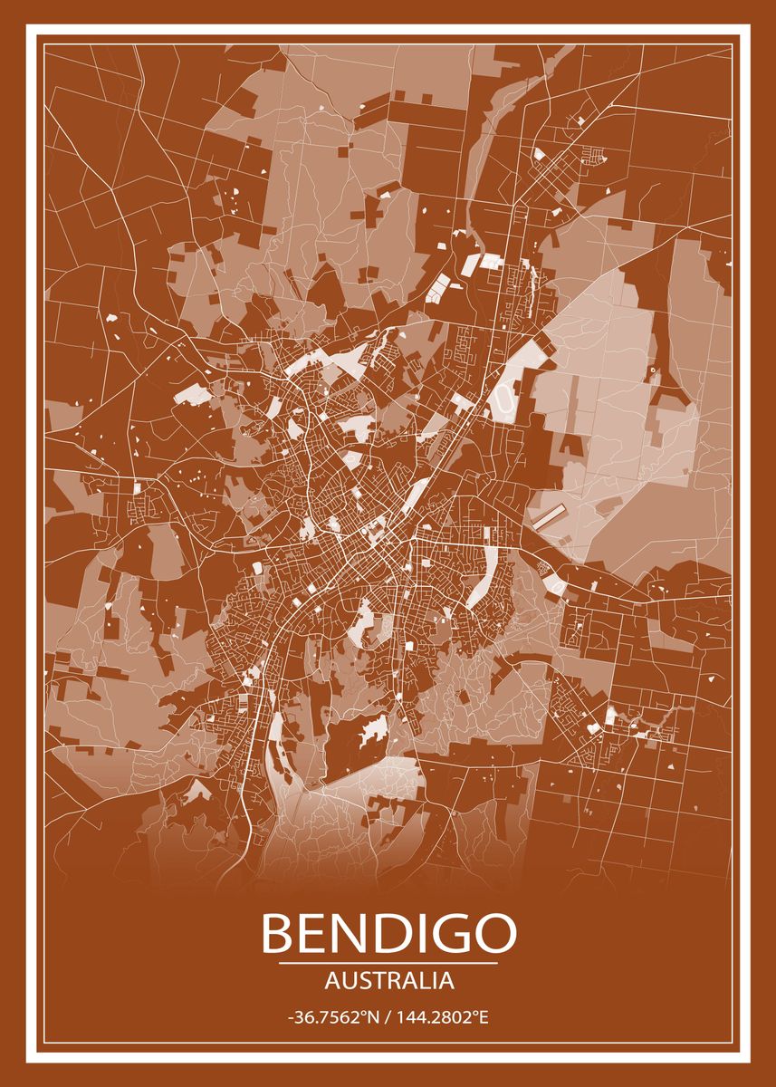 'Bendigo AUS Brown City Map' Poster, picture, metal print, paint by ...