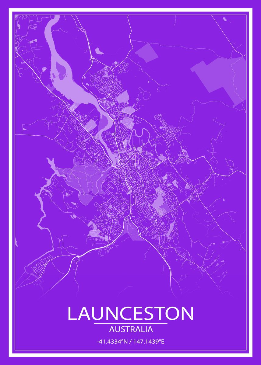'Launceston PurpleWhite Map' Poster, picture, metal print, paint by ...