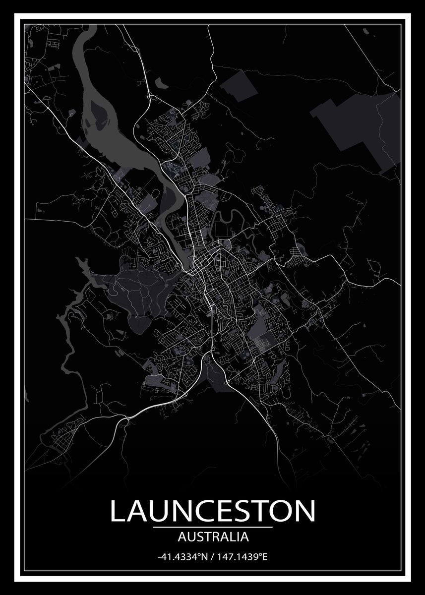 'Launceston AU Black Map' Poster, picture, metal print, paint by Wall ...